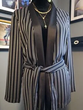 Zara | Jackets & Coats | Zara Basic Navy Blue White Striped Belted ...